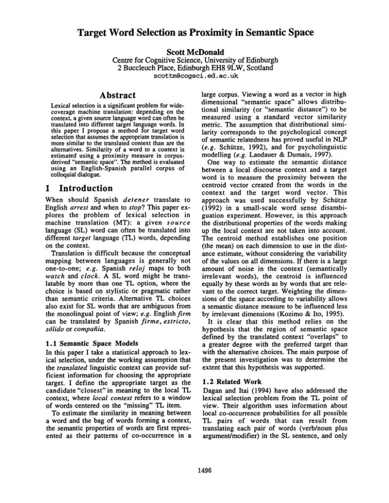 Target Word Selection as Proximity in Semantic Space
