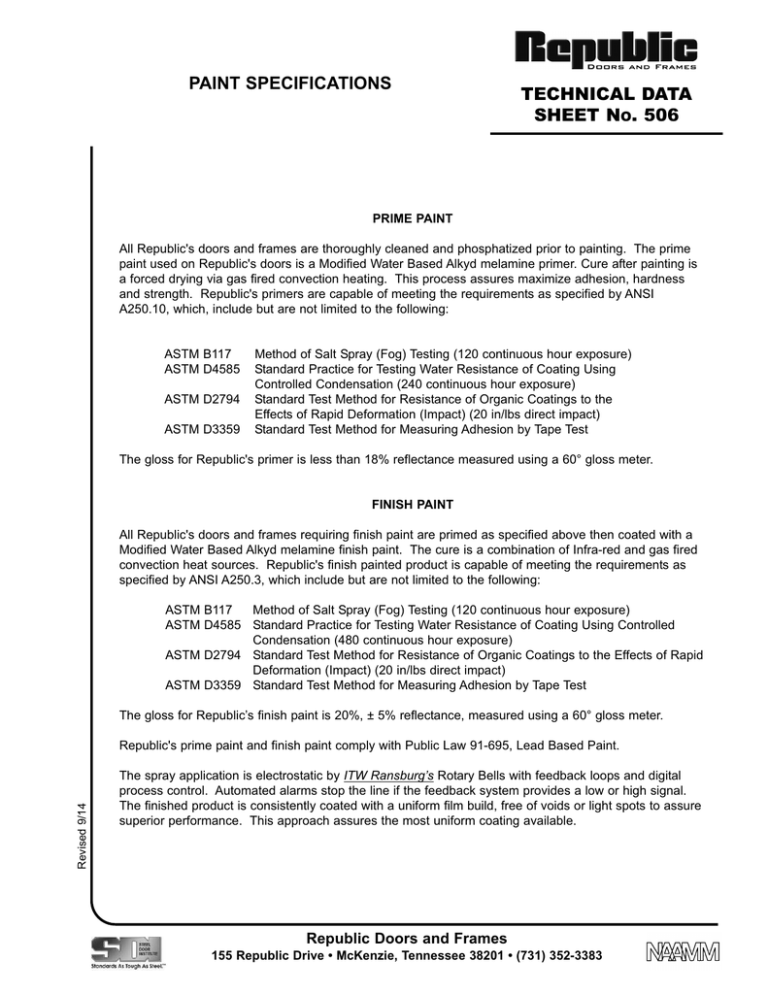 Republic Doors & Frames Paint Specifications | Technical Data