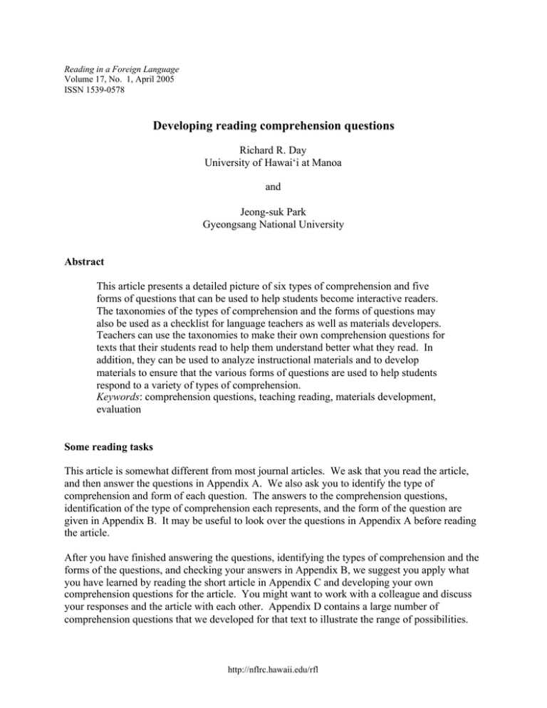 Developing reading comprehension questions