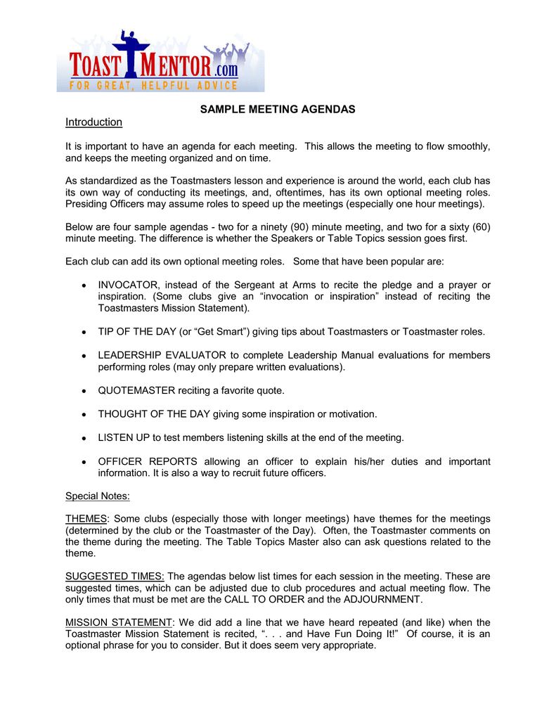 SAMPLE MEETING AGENDAS Introduction