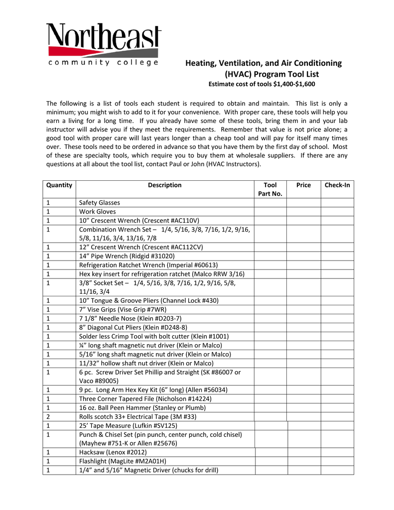 Heating Ventilation And Air Conditioning HVAC Program Tool List Heating Ventilation And Air Conditioning HVAC Program Tool List