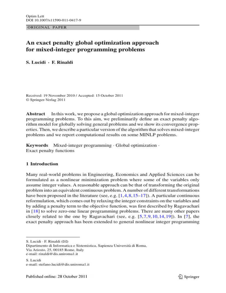 An Exact Penalty Global Optimization Approach For Mixed
