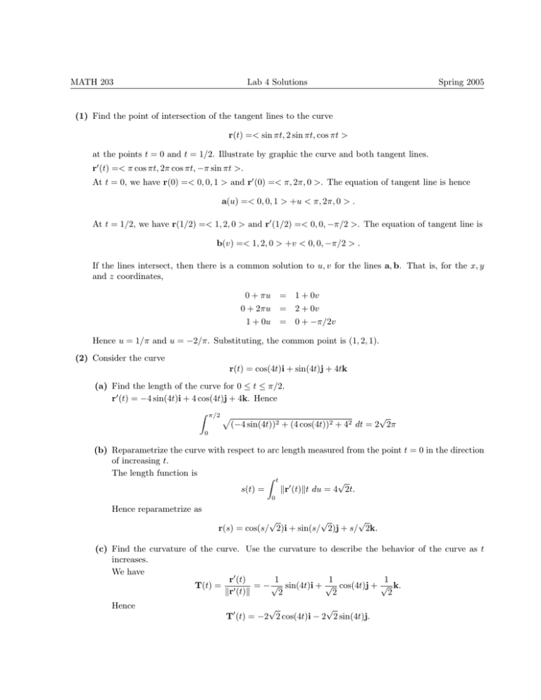 Find The Point Of Intersection Of The Tangent Lines To The Curve R t 
