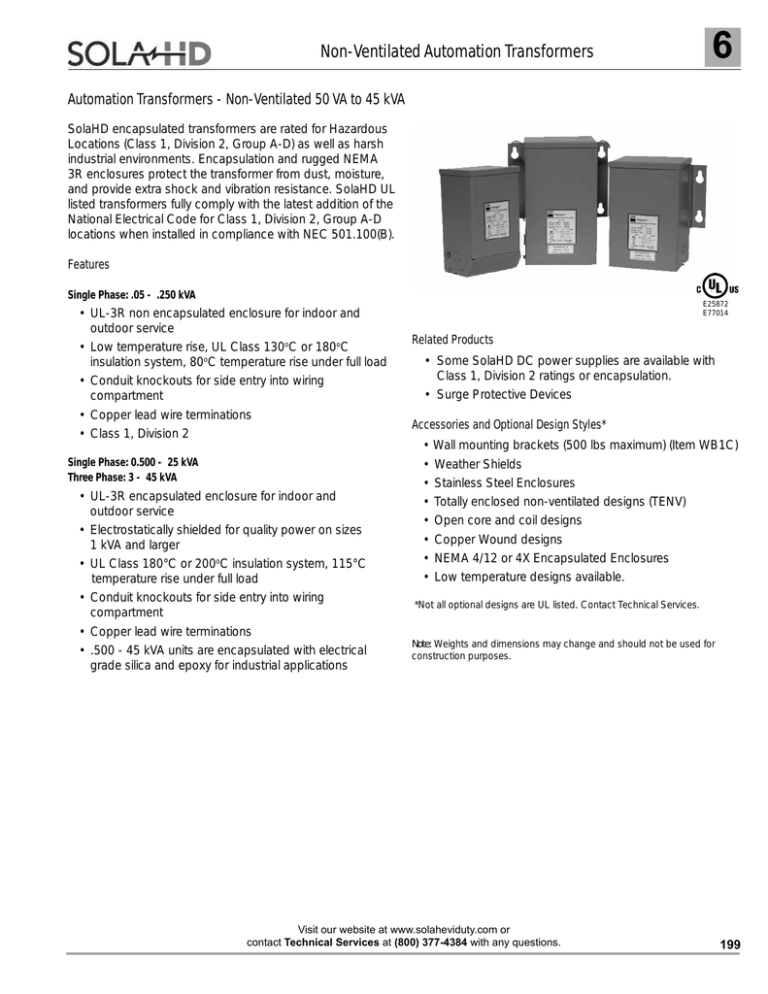 Non-Ventilated Automation Transformers