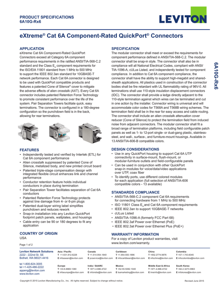 eXtreme® Cat 6A Component-Rated QuickPort® Connectors