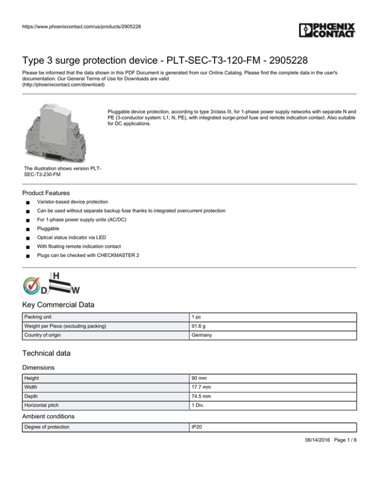 Type 3 Surge Protection Device PLT SEC T3 120 FM Type 3 Surge Protection Device PLT SEC T3 120 FM