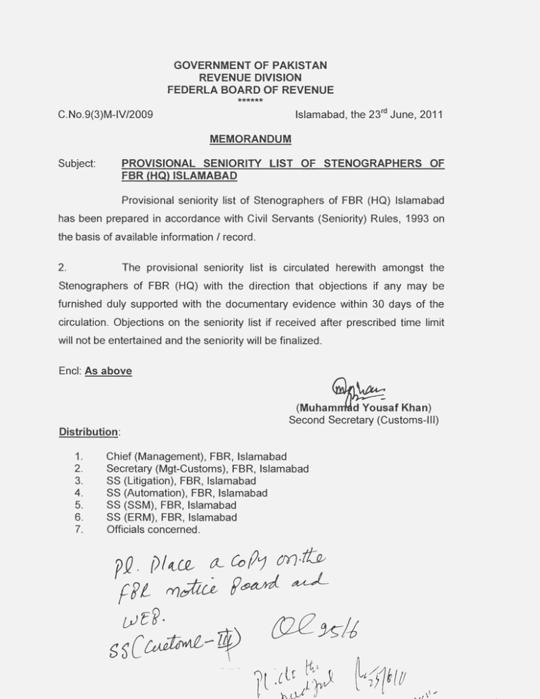 Provisional Seniority List Of Stenographers Of FBR