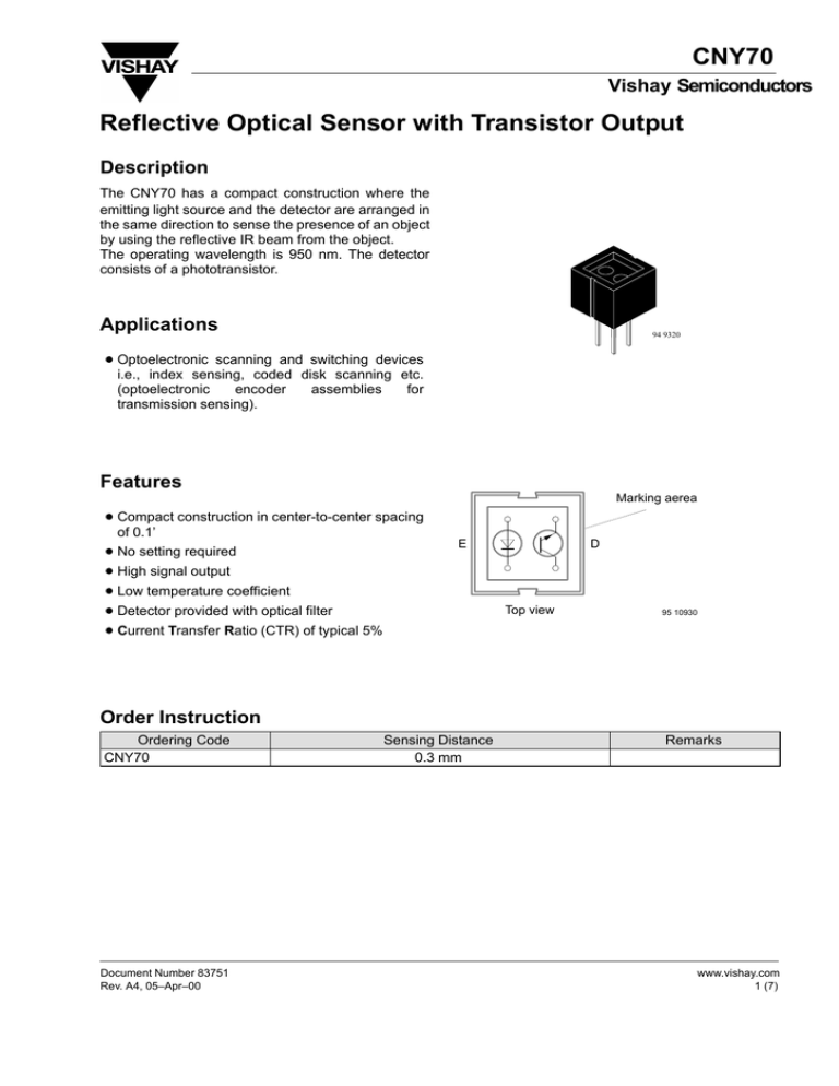 Cny70 Reflective Optical Sensor With Transistor Output