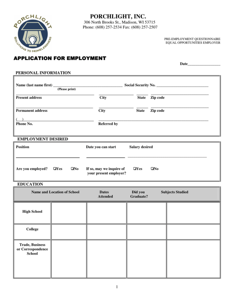 Porchlight Employee Application