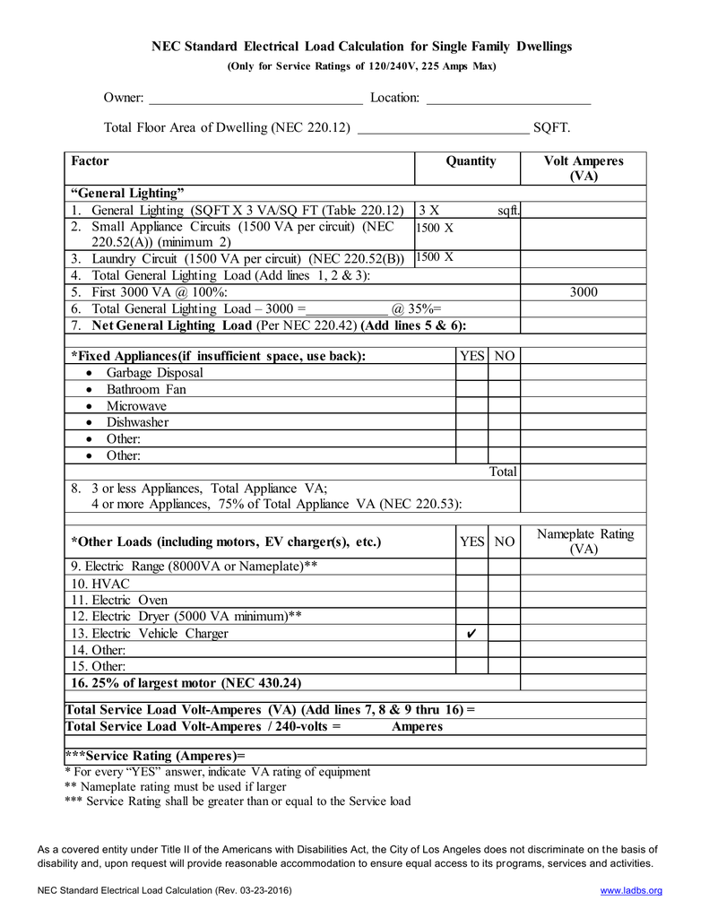 Residential Electric Service Calculator