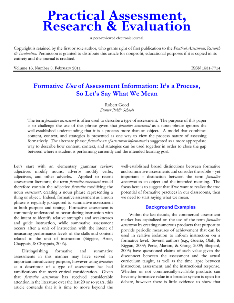 Formative Use Of Assessment Information It s A Process So Let s