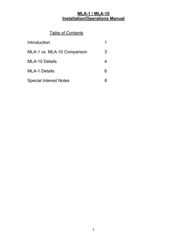MLA-1 / MLA-10 Installation/Operations Manual Table of