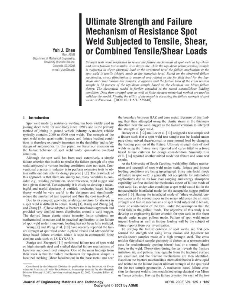 Ultimate Strength and Failure Mechanism of Resistance Spot Weld