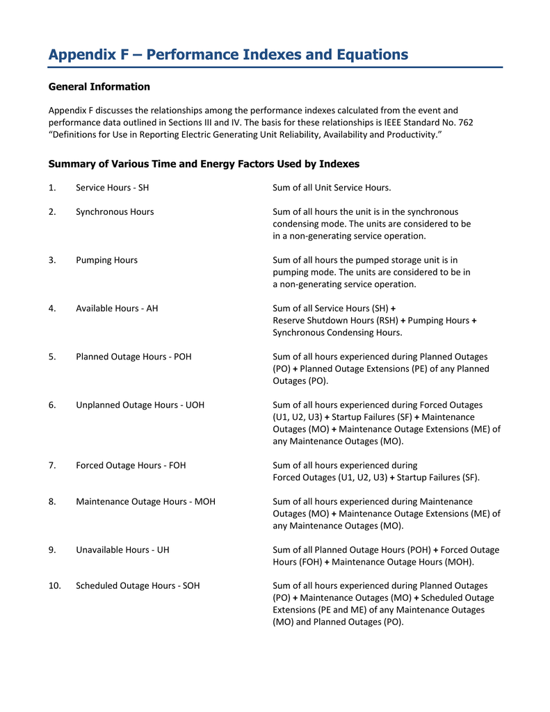 Appendix F – Performance Indexes and Equations