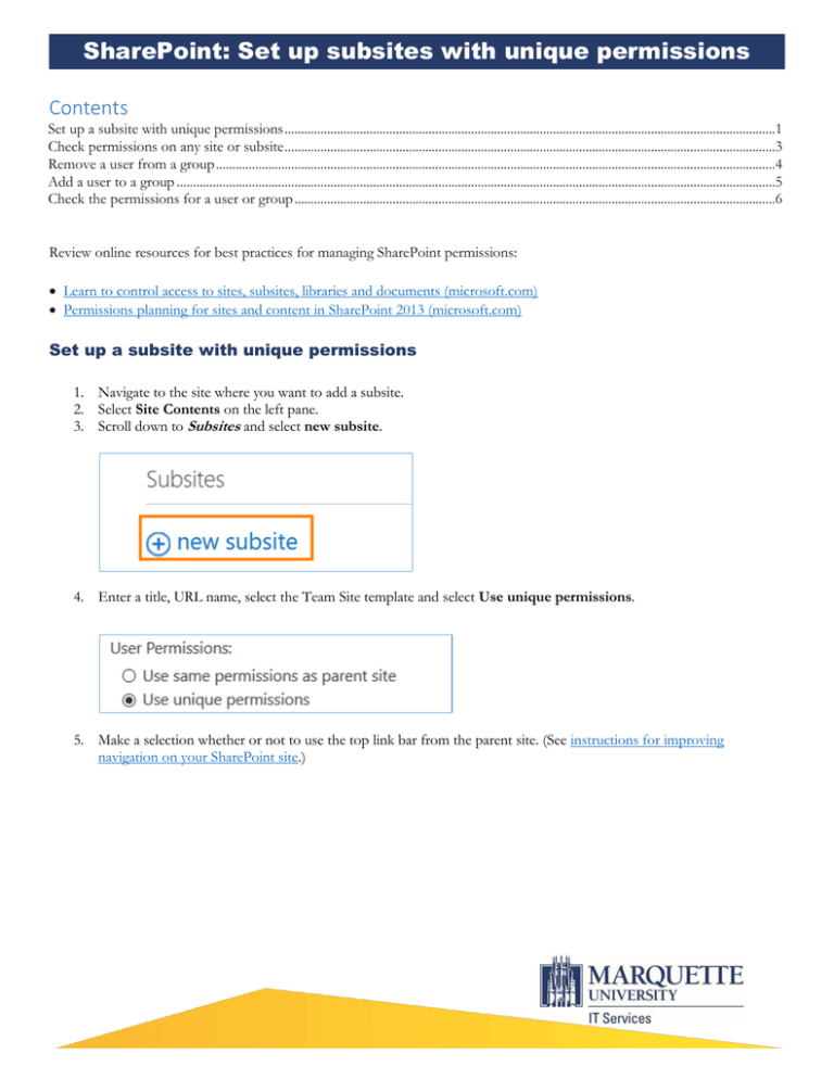 SharePoint: Set up subsites with unique permissions