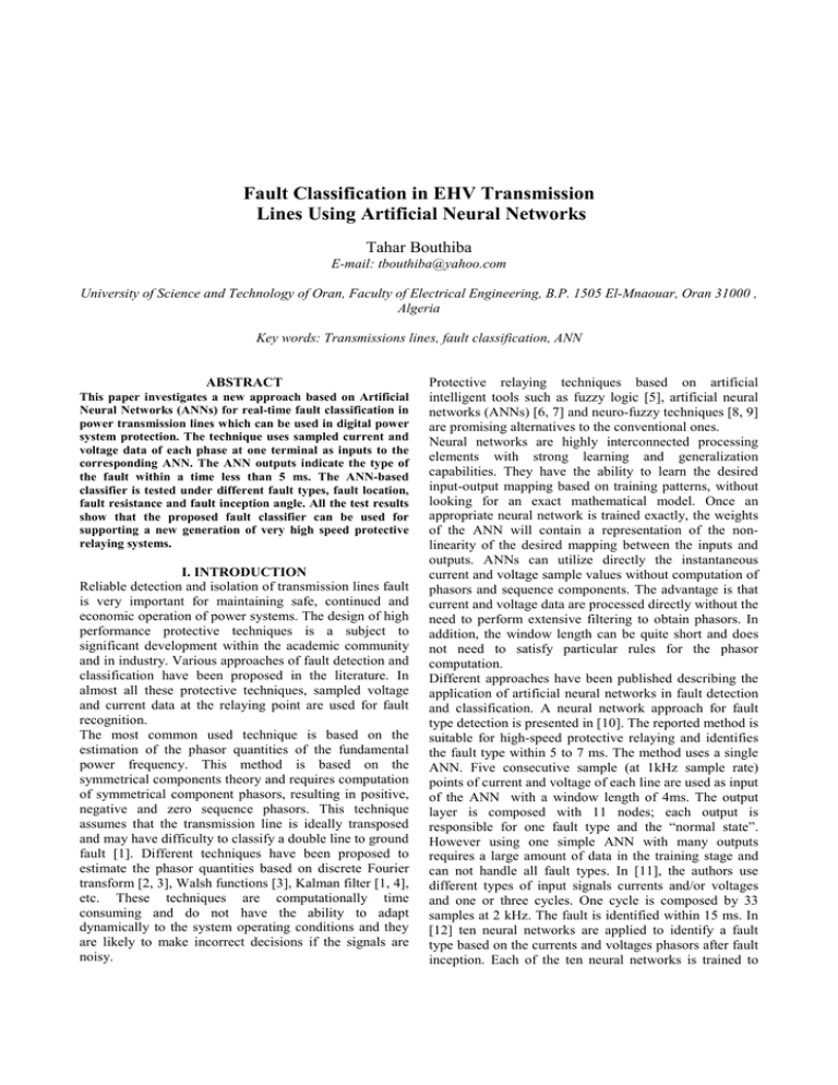 Fault Classification In Ehv Transmission Lines Using Artificial