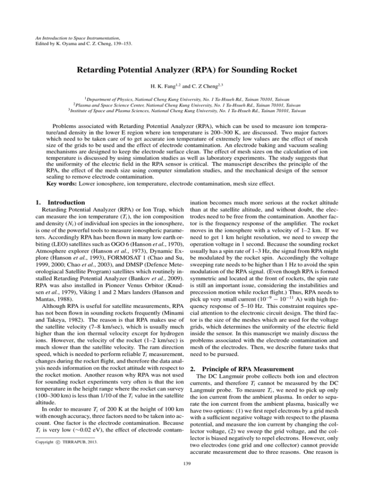 Retarding Potential Analyzer (RPA) for Sounding Rocket