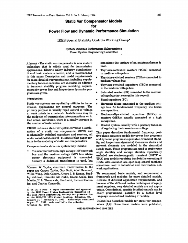 Static Var Compensator Models For Power Flow And Dynamic
