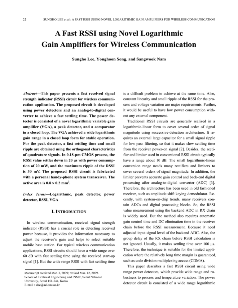A Fast Rssi Using Novel Logarithmic Gain Amplifiers For