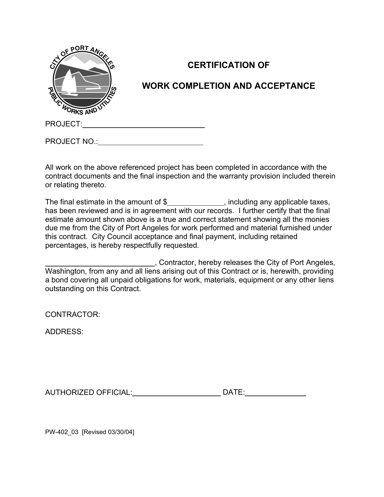 Certification Of Work Completion And Acceptance