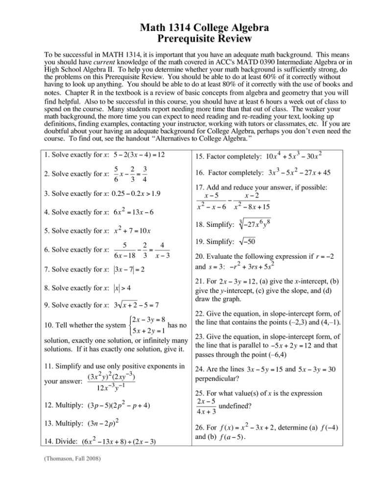 Math 1314 College Algebra Prerequisite Review Math 1314 College Algebra Prerequisite Review