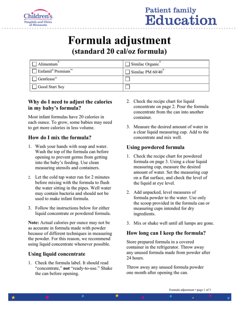 Formula Adjustment standard Formula 