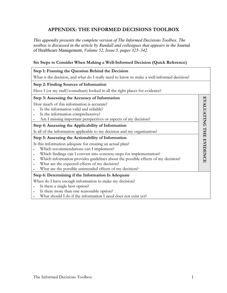 The Informed Decisions Toolbox