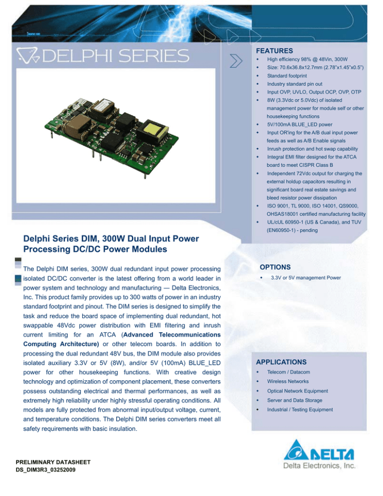 Delphi Series DIM, 300W Dual Input Power Processing DC/DC