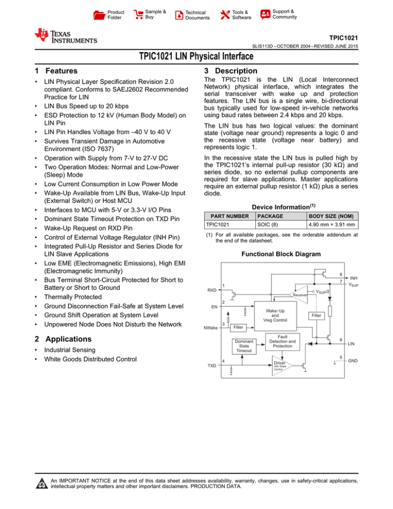 TPIC1021 LIN Physical Interface (Rev. D)