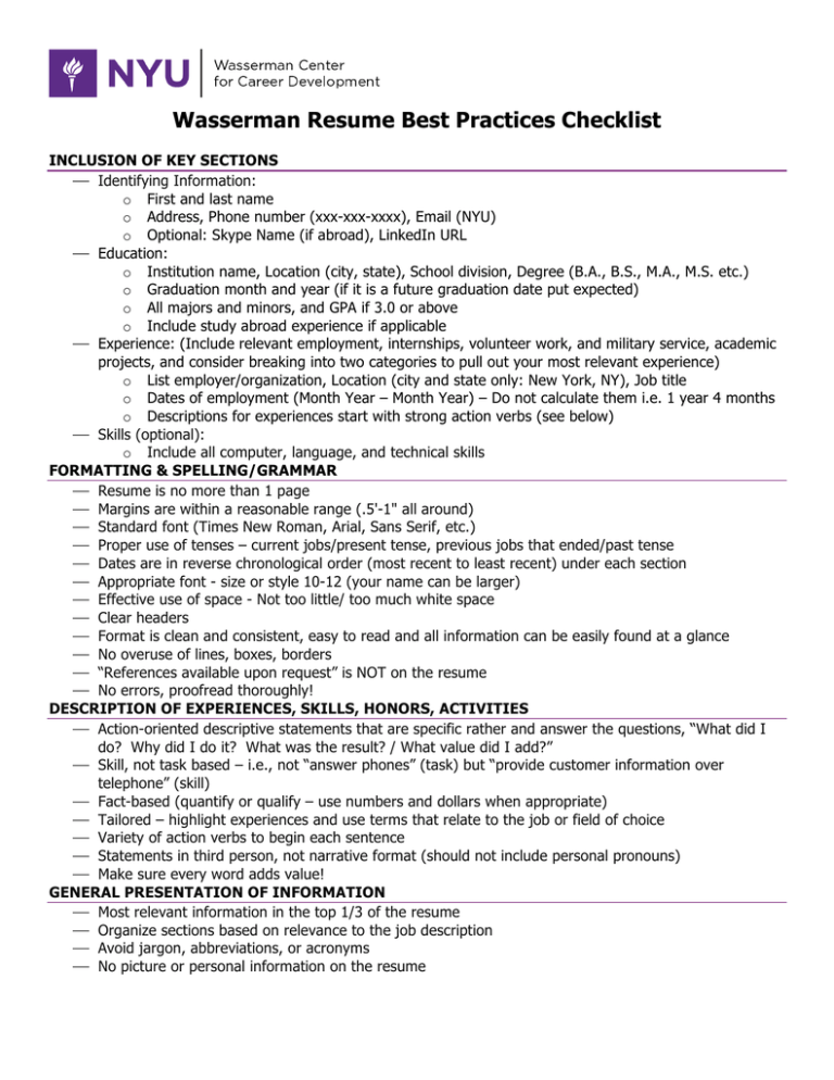 Resume Checklist New York University