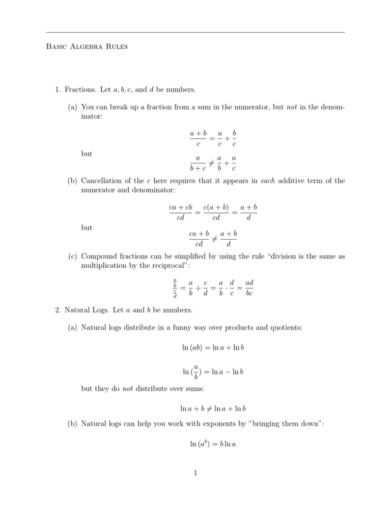 Basic Algebra Rules 1 Fractions Let A B C And D Be Numbers a Basic Algebra Rules 1 Fractions Let A B C And D Be Numbers a