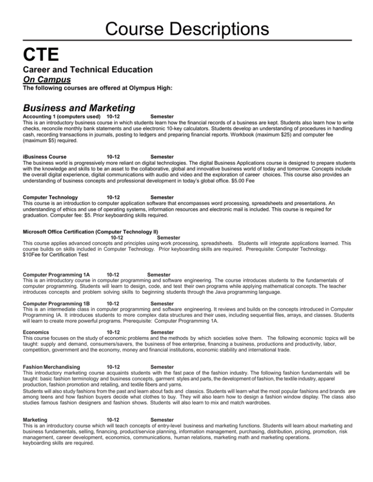 Course Descriptions CTE - Granite School District