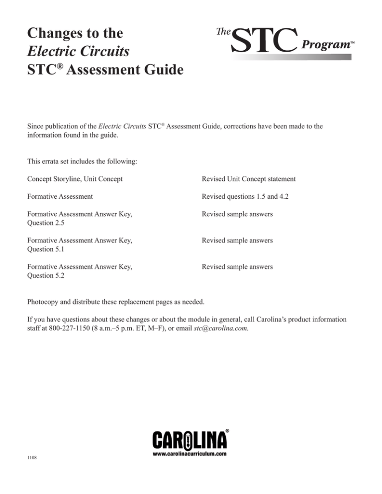 Electric Circuits STC Assessment Guide Errata Sheet Set