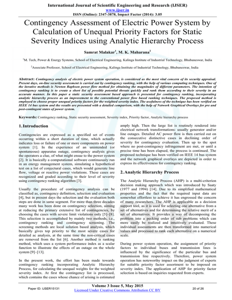 Contingency Assessment of Electric Power System by Calculation of