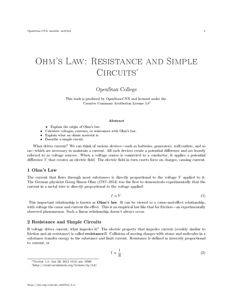Ohm`s Law: Resistance and Simple Circuits