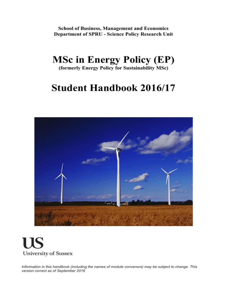 MSc Energy Policy Student Handbook 2016/17 - University of Sussex