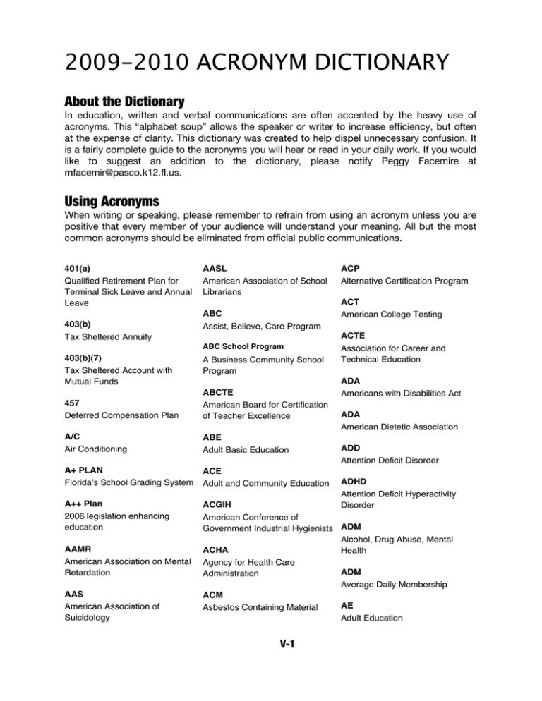 Acronym Dictionary Pasco County Schools Acronym Dictionary Pasco County Schools
