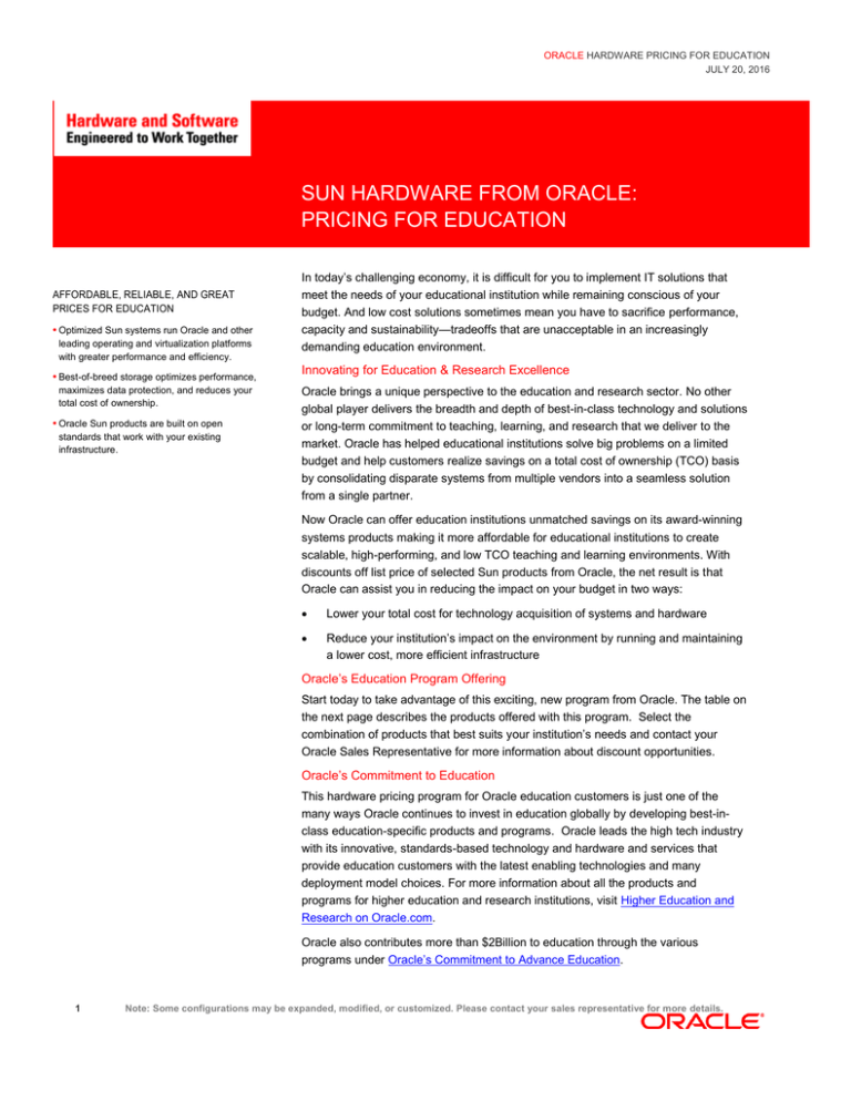 Sun Hardware From Oracle Pricing For Education Oracle