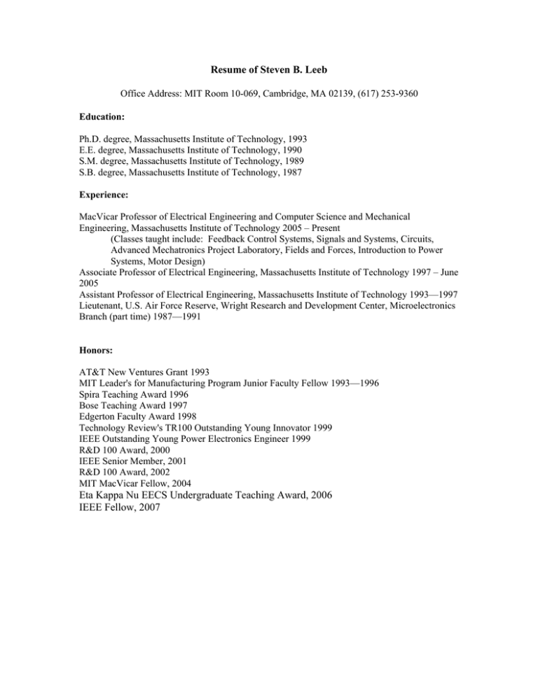 Resume of Steven B. Leeb Eta Kappa Nu EECS Undergraduate