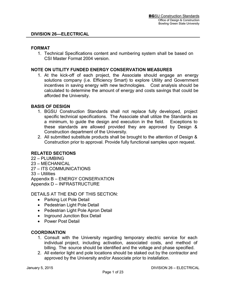 DIVISION 26 ELECTRICAL FORMAT 1 Technical Specifications
