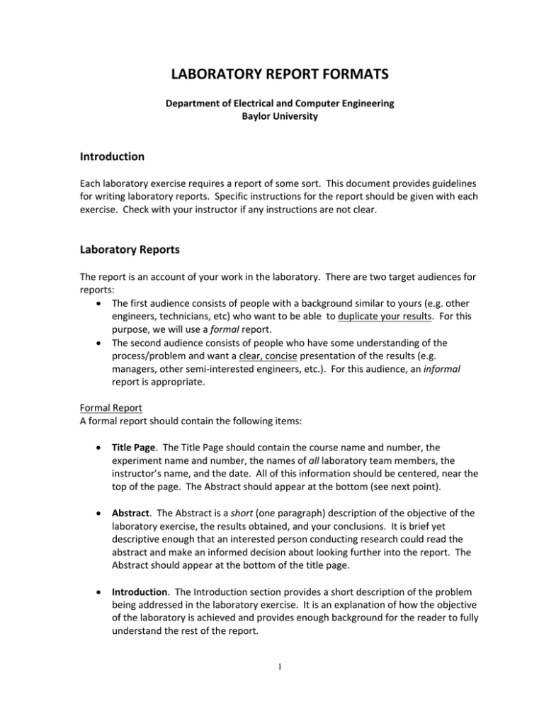 Laboratory Report Formats