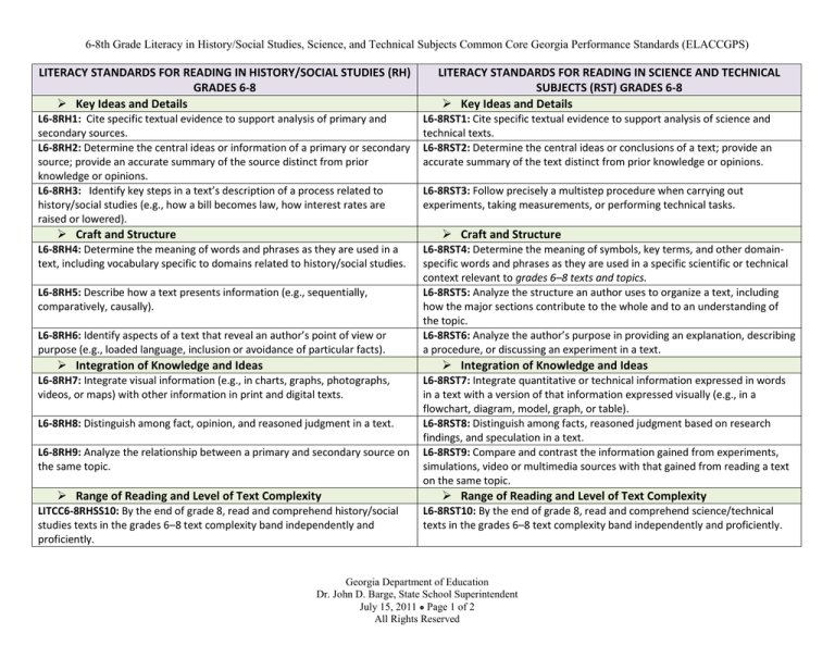 LITERACY STANDARDS FOR READING IN HISTORY SOCIAL LITERACY STANDARDS FOR READING IN HISTORY SOCIAL