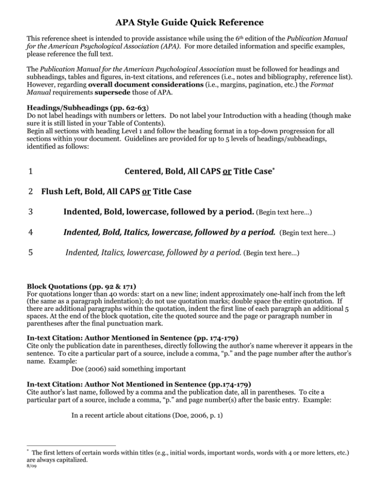 APA Style Guide Quick Reference Graduate APA Style Guide