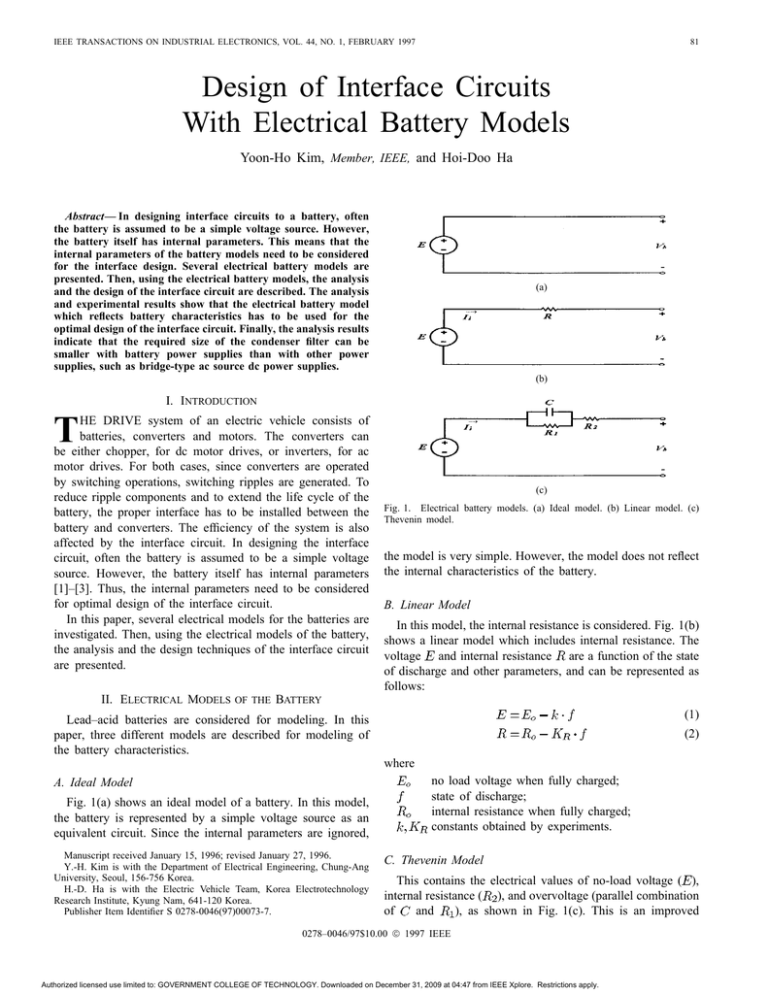Design of Interface Circuits With Electrical Battery Models