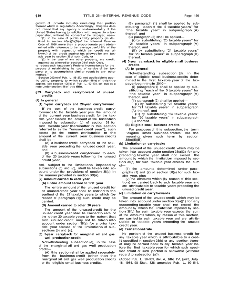 Internal Revenue Code Section 39 Internal Revenue Code Section 39