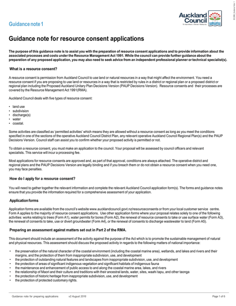 Guidance note 1 Resource consent applications