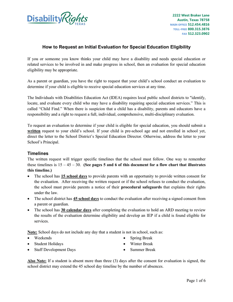 Parent Request For Special Education Evaluation Template