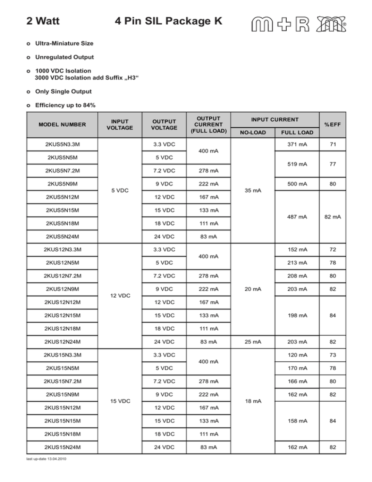 2 Watt 4 Pin SIL Package K