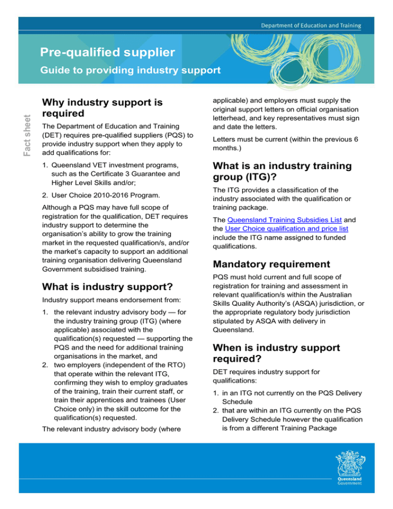 Pre qualified Supplier Guide To Providing Industry Support Pre qualified Supplier Guide To Providing Industry Support