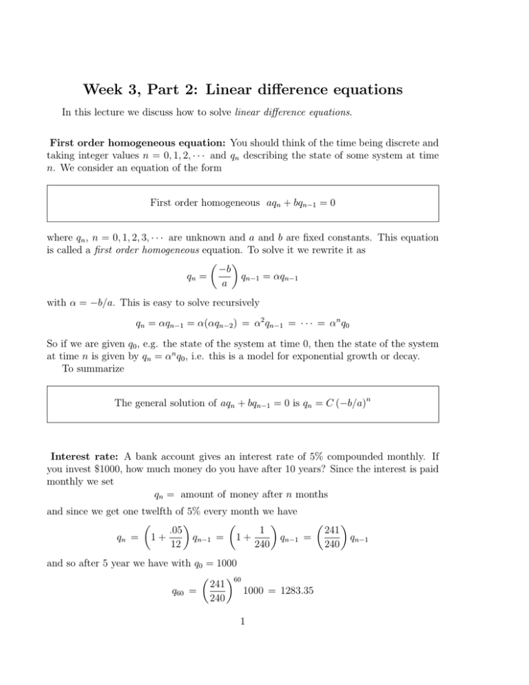 Week 3 Part 2 Linear Difference Equations